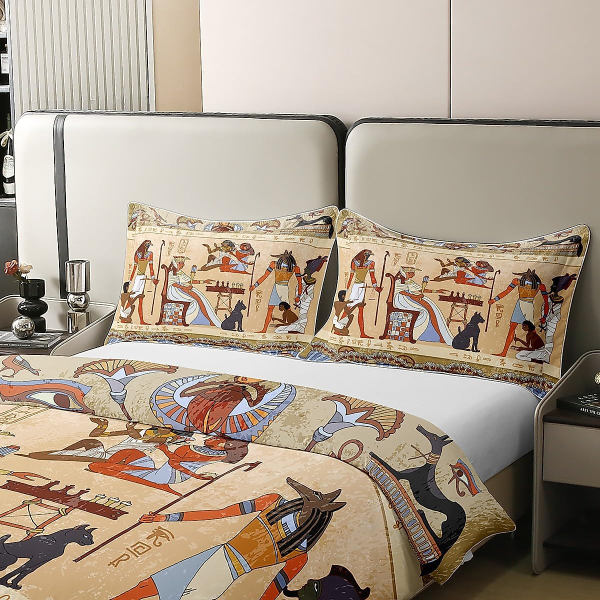Ancient Egypt Cotton Duvet Cover Set Queen Retro Egyptian Pattern Comforter Cover Set for Women Men Adults Egypt Culture Bedding Set Tribal Eagle Dog Design Bedspread Cover Bedroom Decor Quilt Cover