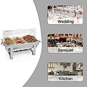 Restlrious Chafing Dish Buffet Set with Roll Top Plastic Cover, Stainless Steel 8 QT Rectangular Chafers and Buffet Warmers Set w/3 Third Size Food Pan, Water Pan, Fuel Can for Catering Event Party