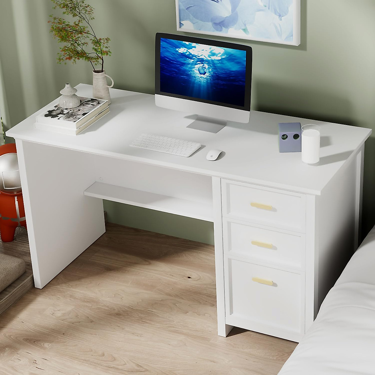 White Writing Desk with 3 Drawers - 47 inch Modern Home Office Computer Desk, Study Table PC Desk for Bedroom