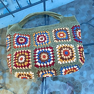 Granny Square Blocking Handmade Crochet Shoulder Tote Bag Vintage Boho Hippie Unique Artistic Handbag Kintting EN8