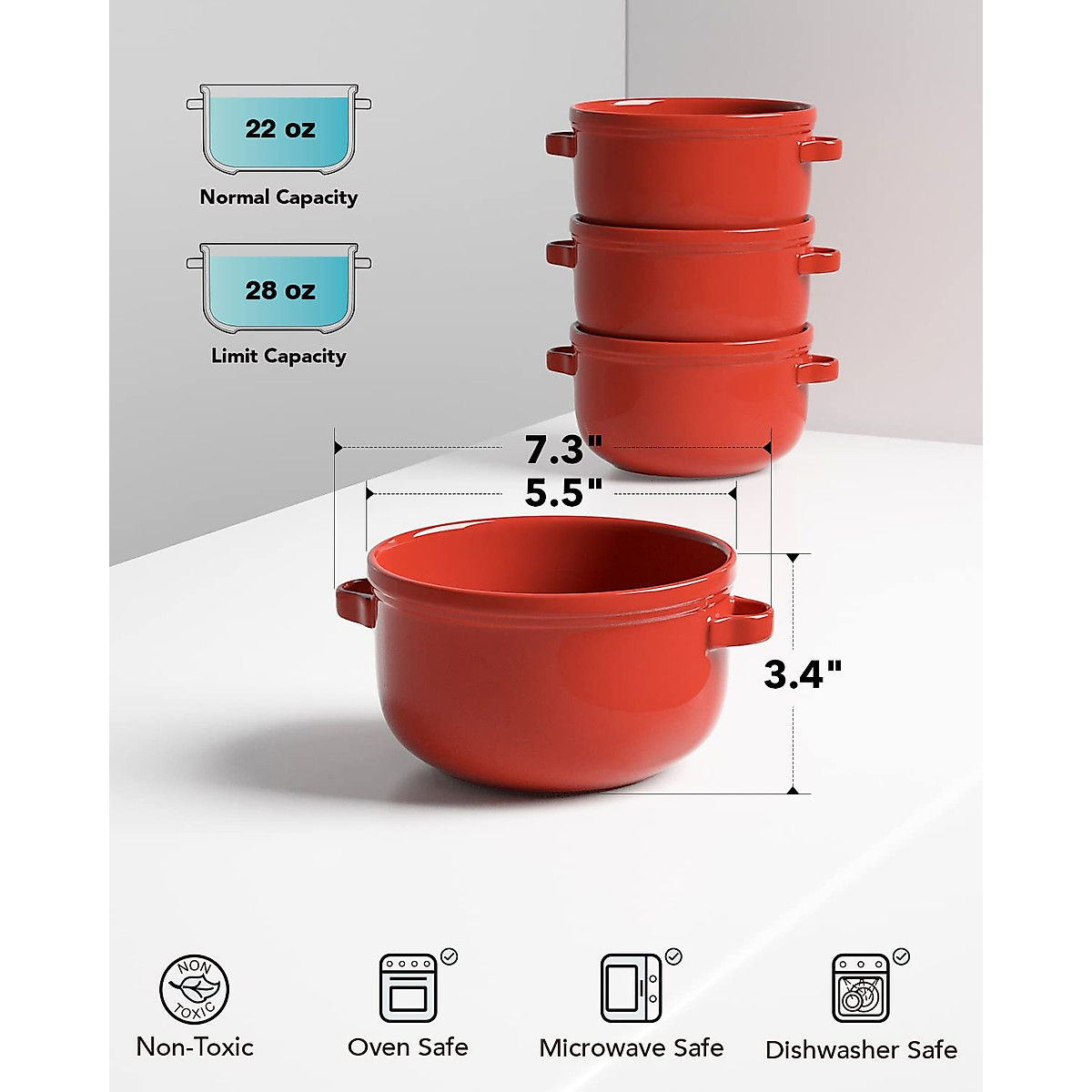 LE TAUCI Pasta Bowls 45 Oz+ Soup Bowls with Handles 28 Oz, Red