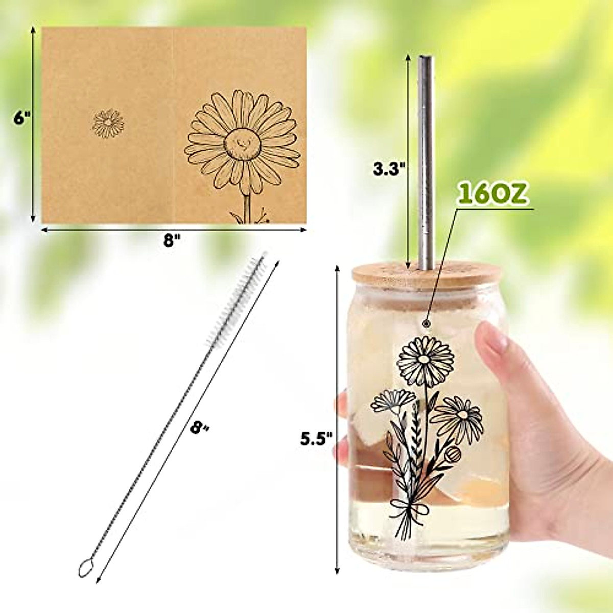 Nefelibata Daisy Iced Coffee Cup Birth Flower Beer Glass Can 16OZ Drinking Cup with Bamboo Lid Metal Straw Cleaning Brush April Birth Flower Spring Floral Decor Birthday Gifts for Mom Mother's Day