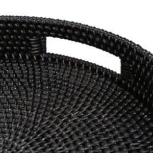 Rattan Round Serving Tray, Hand Woven Serving Basket with Cut - Out Handles, Wicker Fruit/Bread Serving Basket, 14.17 Inch (Black, Large)