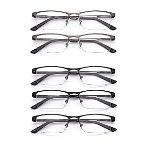 HIGHLIKE 5-Pack Blue Light Reading Glasses for Men, Metal Half Frame Readers Spring Hinge Clear Lens Eyeglasses with Pouches, Semi Rimless 3 Black 2 Gunmetal 3.5 x