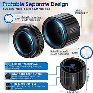 Electric Mason Jar Vacuum Sealer Kit, Cordless Handheld Vacuum Sealer for Wide Mouth & Regular Mouth Mason Jars, with Led Screen, Portable Food Storage and Canning