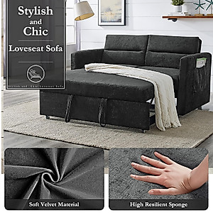 ROCKINGRUN 3 in 1 Sleeper Sofa Couch Bed, Chenille Tufted Pull Out Sofa Bed Convertible Loveseat Futon Sofa with Adjustable Backrest, Side Pocket and 2 Throw Pillows, for Living Room Bedroom (Black)