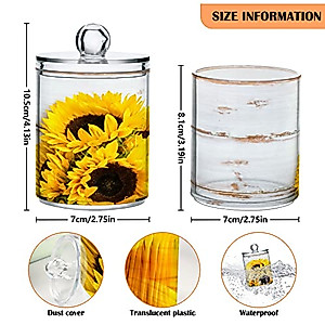 ALAZA Yellow Sunflower Wooden Plank 2 Pack Qtip Holder Dispenser 14 Oz Clear Plastic Apothecary Jar Containers Jars Bathroom for Cotton Swab, Ball, Pads, Floss, Vanity Makeup Organizer