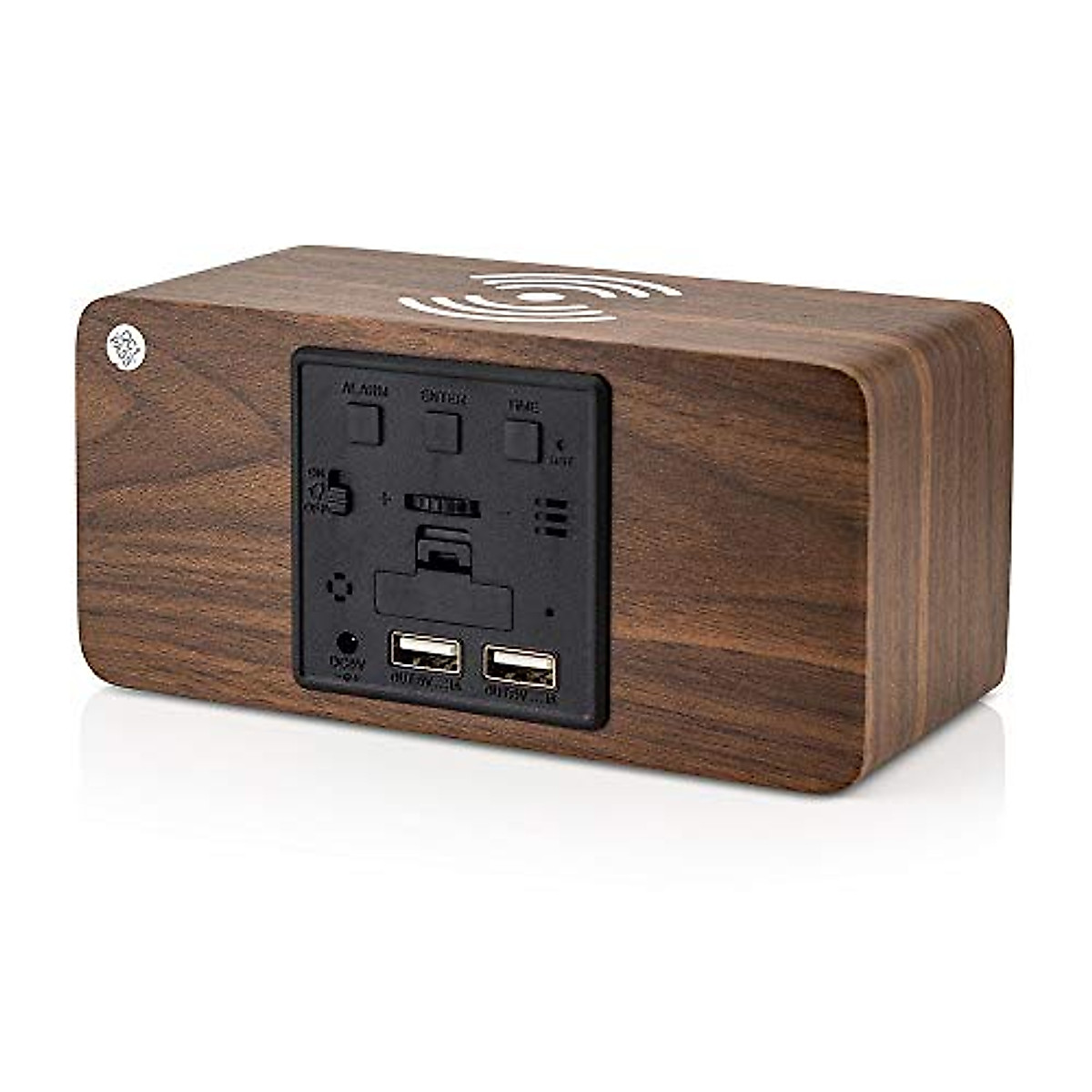 OCT17 Alarm Clock with Qi Wireless Charging Pad Compatible with iPhone Samsung Wood LED Digital Clock Sound Control Function, Time Date, Temperature Display for Bedroom Office Home- Brown