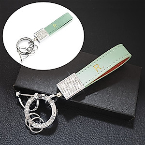 Leather Keychain Bling Keychain for Women Anti-Lost D-Ring Car Keychain Fashion Rhinestone Purse Charms for Handbags (Green)