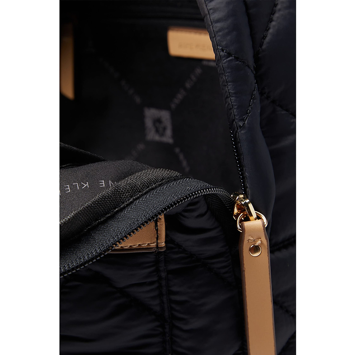 Anne Klein Quilted Nylon Backpack, Black/Warm Sand/Black-White Webbing