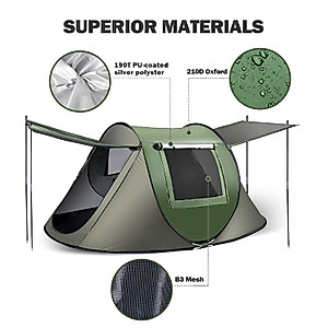 RealPero Instant Pop Up Tent, Automatic Easy Setup Outdoor Waterproof Windproof Family Tent, Upgraded 2 Doors Vestibule Sun Shelter for 2/3 People Outdoor Camping,Travelling,Hiking, Beach,Green