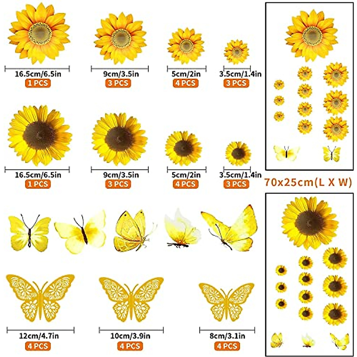 Sunflower Butterfly Wall Stickers 39 PCS Sunflower Decals & 3D Gold Butterfly Wall Sticker Floral Butterfly Waterproof Wall Sticker DIY Decor for Kids Baby Bedroom Living Room Bathroom Nursery Decoration