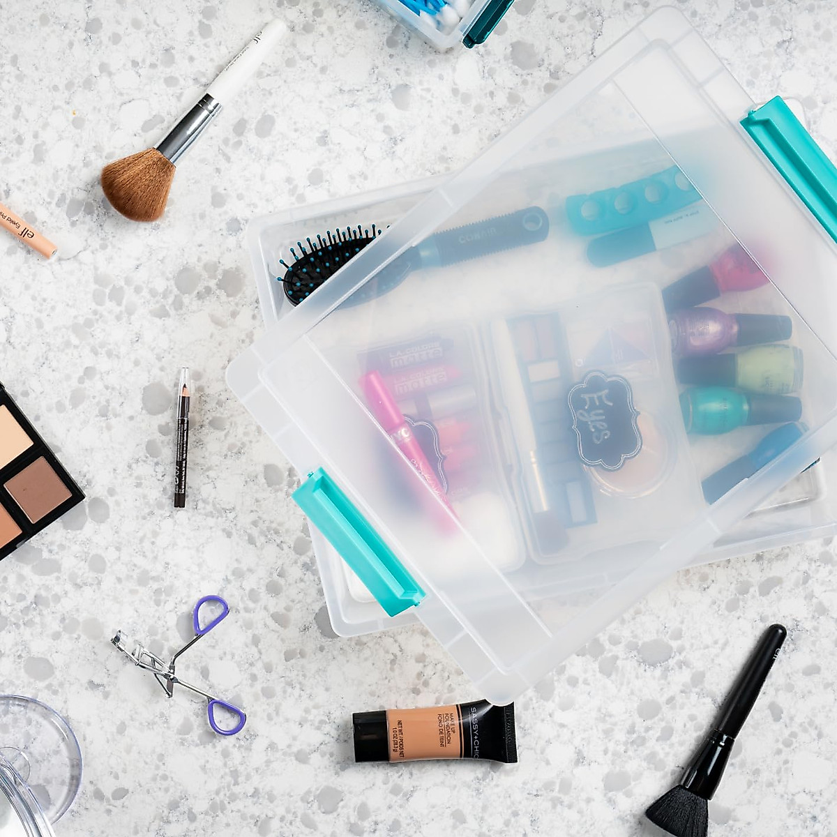 IRIS USA 6 Quart Clip Box, Clear Plastic Storage Bins with Secure Latching Buckles, Organizing Container for Office, School, Kids and Craft Room, Large, Clear/Seafoam Blue, 4 Pack