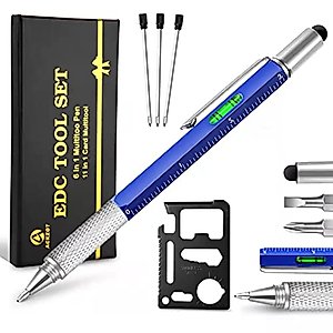 Gift for Men, Multitool Pen + Card Tool, Stocking Stuffers for Him Dad Husband Boyfriend, Ballpoint Pen with Screwdrivers / Ruler / Spirit Level / Stylus, Gift Box