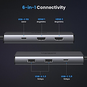UGREEN Revodok 206 Docking Station 6 in 1 USB C Dock Dual HDMI 4K@60Hz Single 8K@30Hz 100W PD 5Gbps USB C and USB A Data Ports USB C Hub Compatible for HP, ASUS, ThinkPad and More