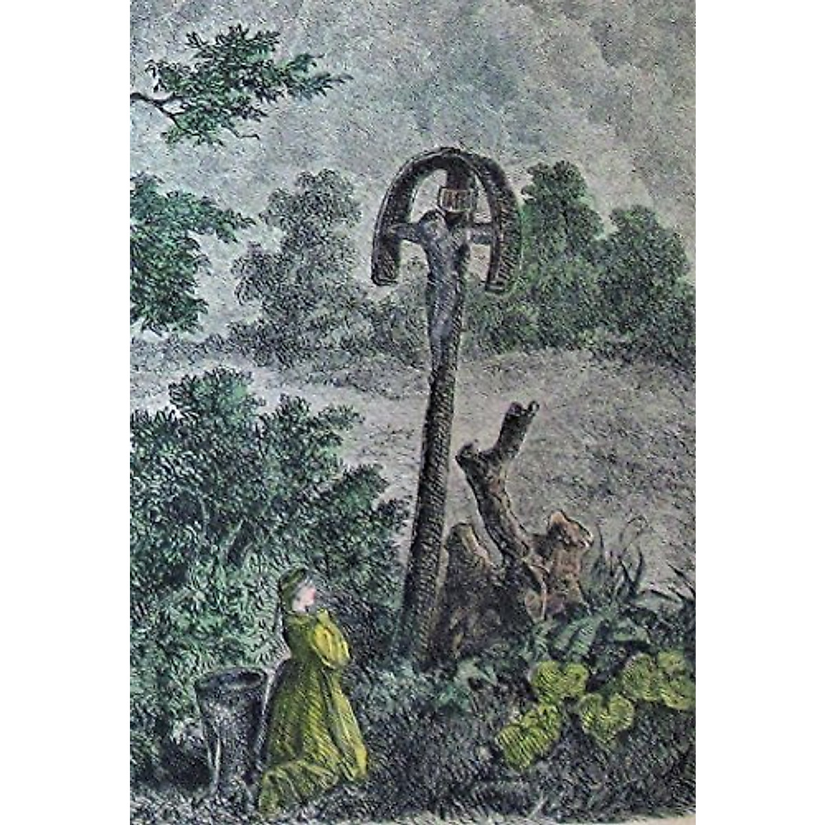 Antique Steel Engraving: River View with Buildings (Crucifiction?)