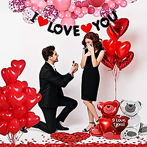 HIPEEWO Valentines Day Party Decorations - Valentine's Day Decorations Including Banner, Paper Fans, Silk Rose Petals, Teddy Bear, Red Heart and Love Foil Balloons for Valentines, Anniversary, Wedding