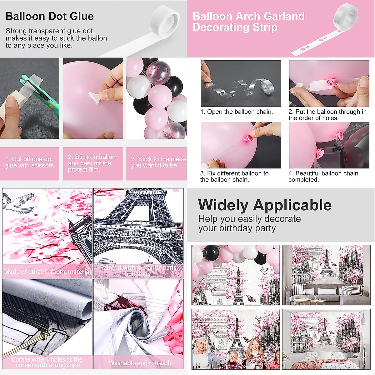 76 Pcs Paris Party Supplies Set Pink Paris Theme Party Decoration Eiffel Tower Party Backdrop White Pink Black Balloon Arch Garland Kit for Kid Boy Girl Birthday Decoration