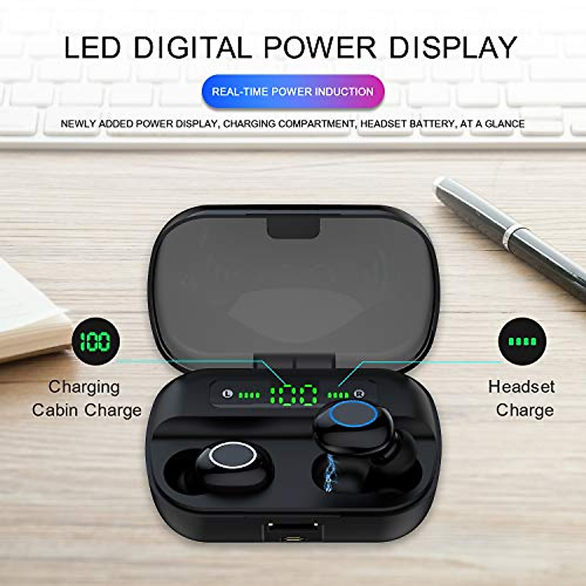 Wireless Earbuds Bluetooth Headset with Microphone Sports Headset Touch TWS Stereo Headset in-Ear Bluetooth 50H Playtime Charging Box, Sports, Exercise, Easy Pairing, Mobile Power(Q67)