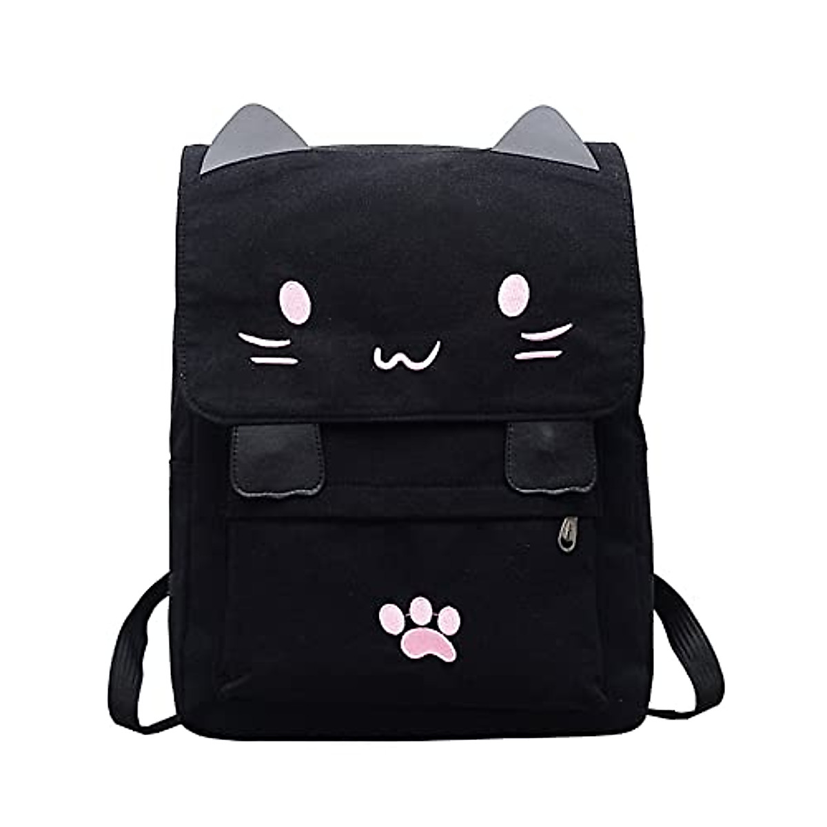 Black/Pink College Preppy Backpack Cute Cat Embroidery Canvas School Backpack Bags for Kids Lightweight Travel Kitty Rucksack