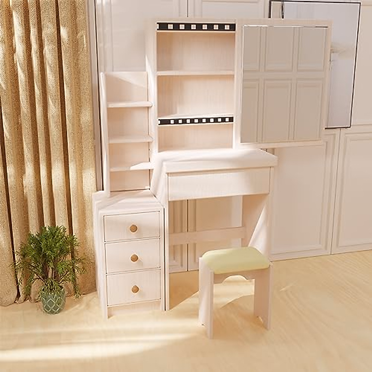 Susici Modern Makeup Vanity Table with Adjustable Lighted Mirror,Dressing Table Set with High Capacity Storage Drawers Shelves&Cushioned Stool,Vanity for Bedroom (Sliding Square Mirror2, 31.5x14x51)