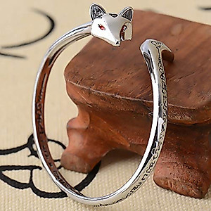 Fox Bracelet Rune Symbol Animals Adjustable Bangle Cute Lovely Fox Tail Wrap Cuff Bracelets Best Gift for Fox Lover Gifts Women Friend Jewelry-A silver purple eye