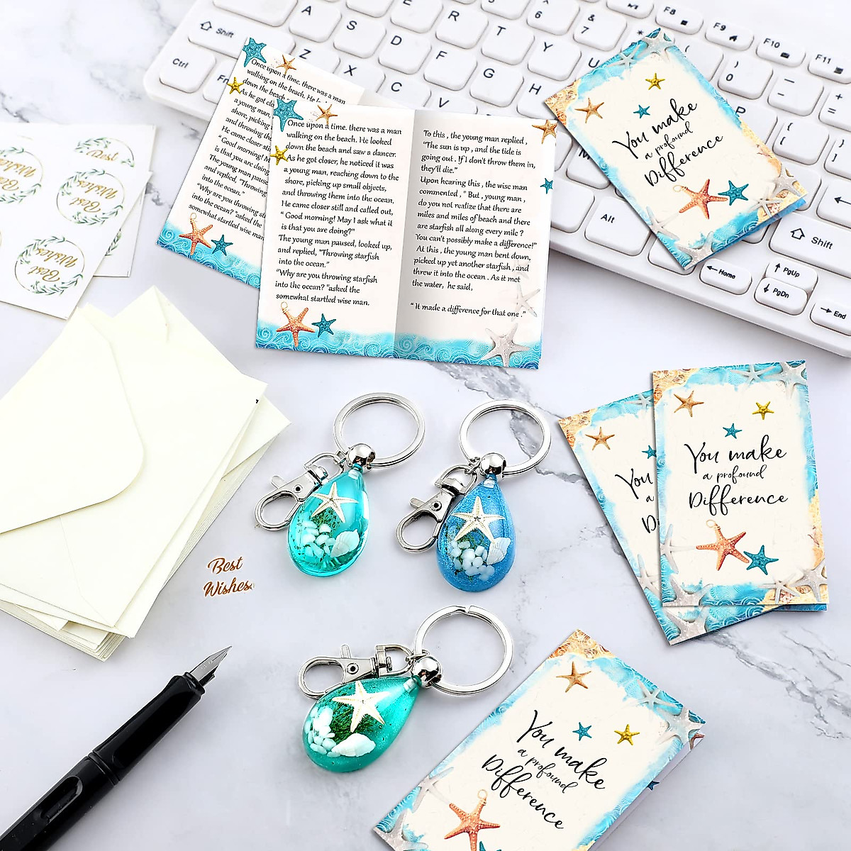 Eaasty 30 Pcs Starfish Story Gift Mini Keepsake Appreciation Notecards Employee Appreciation Starfish Keychain Cards Envelopes You Make a Difference Thank you Gifts Set for Teacher Students Colleague