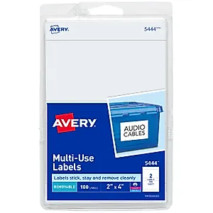 Avery Removable Print or Write 2" x 4" Labels -- Great for Home Organization Projects, Pack of 100 White Labels (5444)