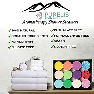 Purelis Shower Steamer Gift Box. Set of 12 Aromatherapy Shower and Bath Bombs Individually Wrapped. Organic Shower Steamer Tablets and Essential Oil Shower Steamers for Spa Gift Set