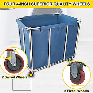 Graywlof Commercial Laundry Cart with Wheels,11.35 Bushel Large Laundry Cart,Heavy Duty Stainless Steel Commercial Laundry Hampers Laundry Basket with Waterproof Lining,260 Lbs Load