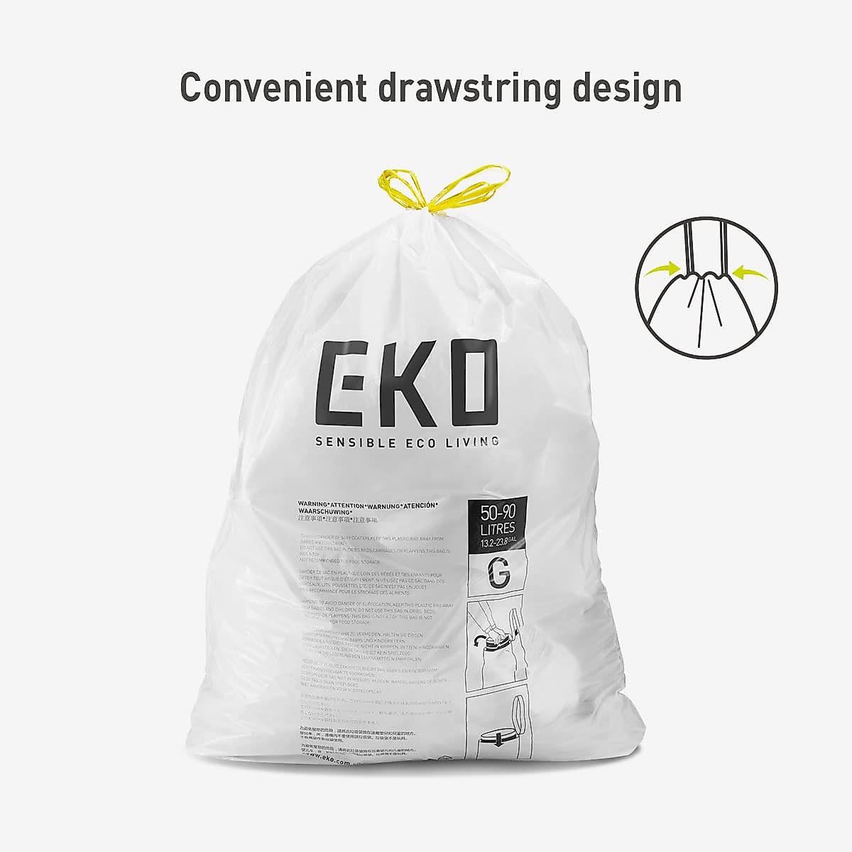 EKO Easy-Dispense Roll of 60 Count Extra-Strong Drawstring Kitchen Trash Bags - 21 Gallon Garbage Bags (79.5L) 1 pack, Code G