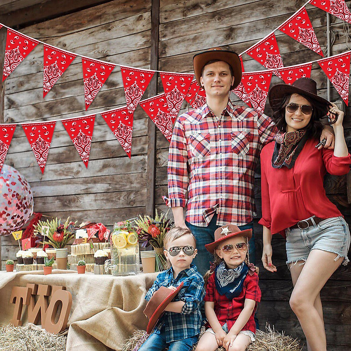 Waenerec Western Themed Party Decorations 6 Pack Red Bandana Pennant Banner Country Farm Cow Print Banner Flags Cowboy Baby Shower Decorations for Boy Rodeo Wild West Party Supplies