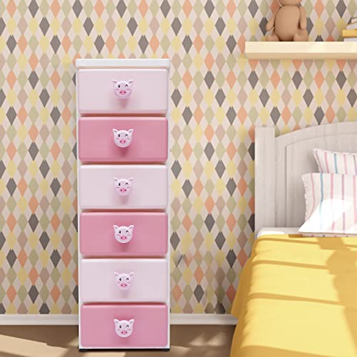 LOYALHEARTDY Plastic Drawers Dresser, 6 Drawers Dressers Chests with Wheels, Pink Storage Closet Cabinet Clothes Toys Snacks Organizer for Bedroom, Living Room, Playroom(Pink Pig Handle)