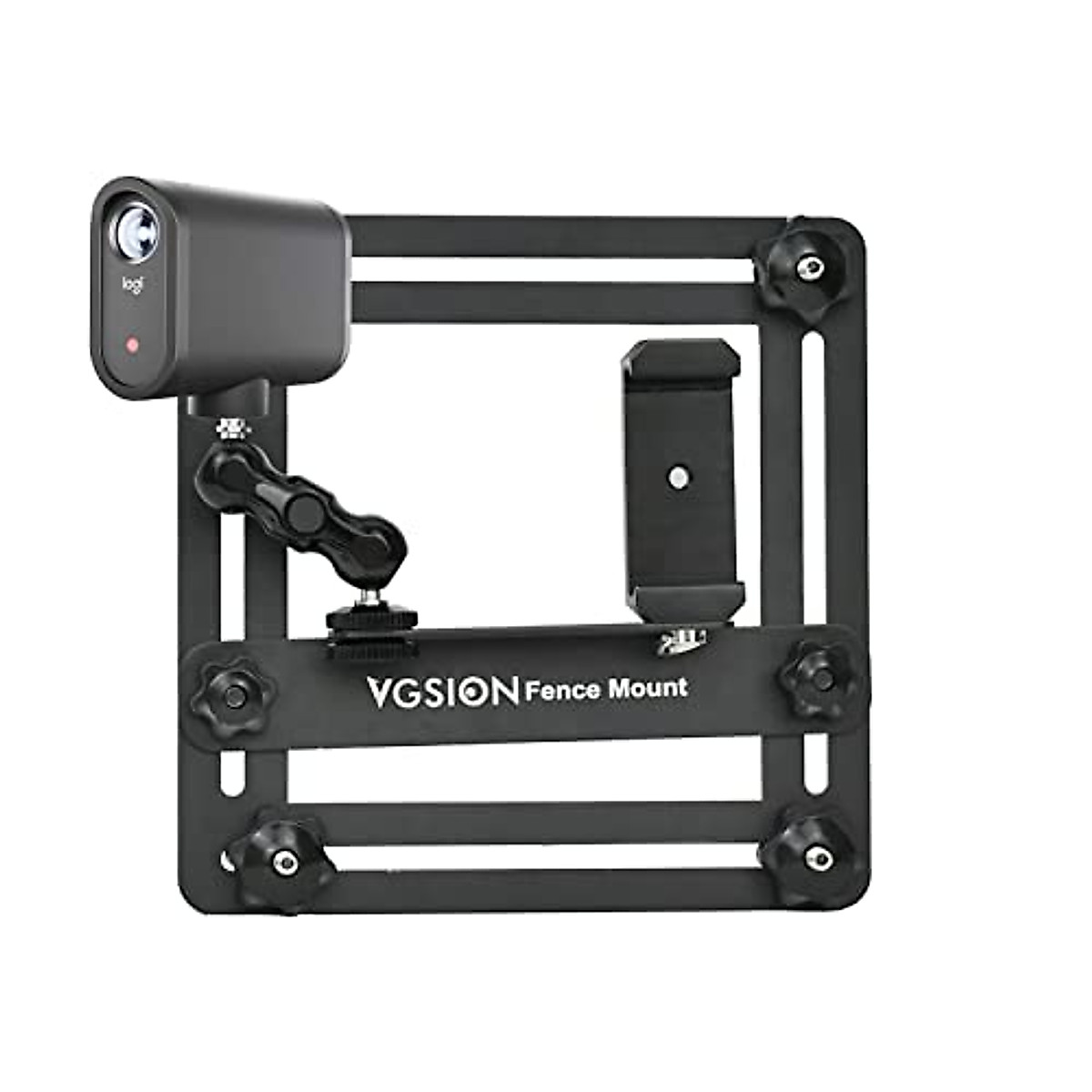 vgsion Aluminum Cell Phone/Action Camera Fence Mount for iPhone, Mevo Start, GoPro with Two Phone Clips, Angle Adjustable, Support Recording While Charging for Tennis, Baseball Games