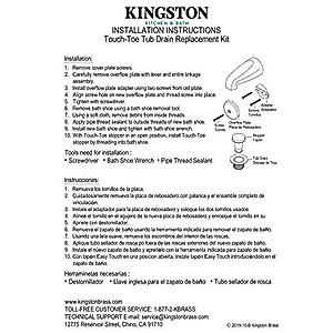 Kingston Brass DTT5302A0 Made to Match Easy Touch Toe-Tap Drain Conversion Kit, Tub, Matte Black
