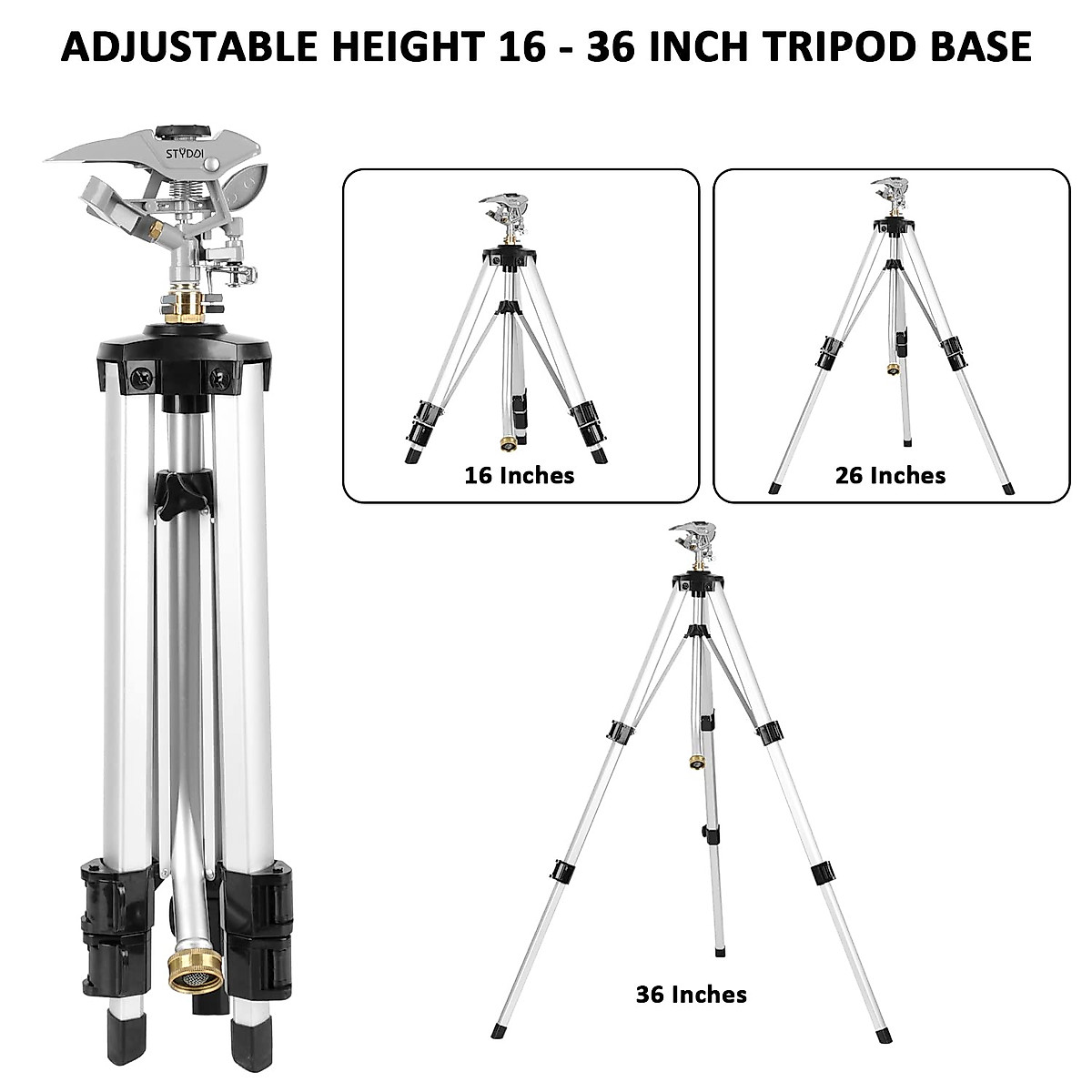 STYDDI Heavy Duty Impact Sprinkler on Tripod Base, Tall Metal Pulsating Telescoping Tripod Sprinkler for Large Area, Yard, Lawn, Garden, Waters up to 70 Ft. Diameter, Legs Extends Up to 36-inch