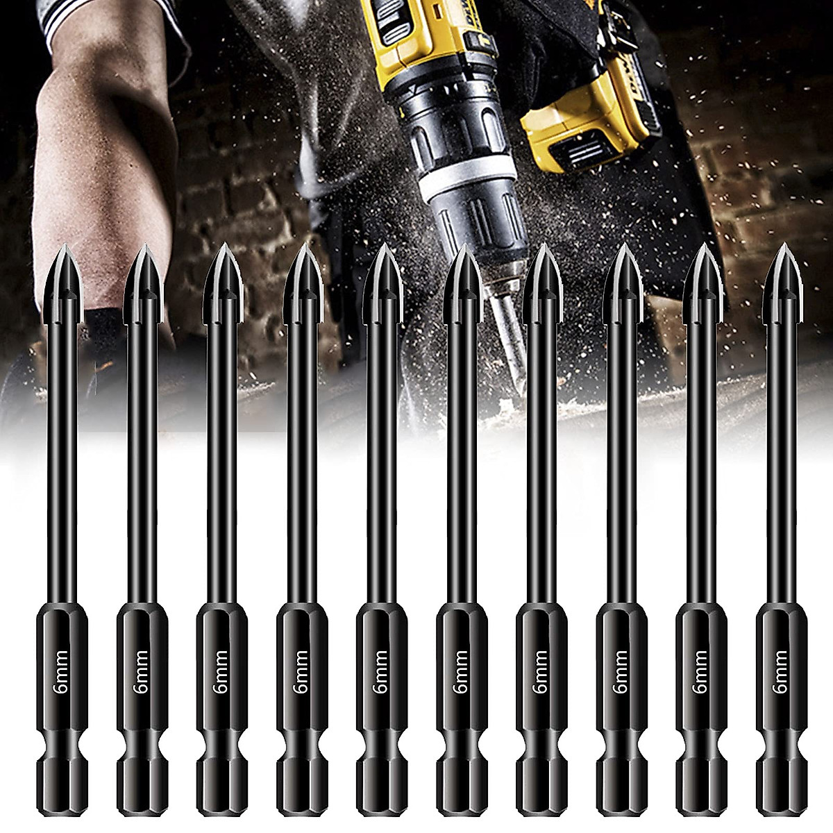 10Pcs Masonry Drill Bits Set, 6mm Glass and Tile Drill Bit, 1/4 Hex Shank Tungsten Carbide Tip Drilling Tools for Mirror Ceramic Tile on Concrete and Brick Wall