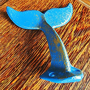 Set of 2 Cast Iron Wall Hook-Unique Whale Tail Shape (Gold & Blue Finish)