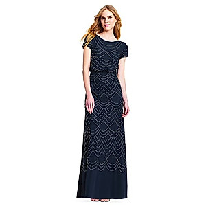 Adrianna Papell Women's Short Sleeve Blouson Beaded Gown, Navy, 8