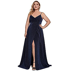 Ever-Pretty Women's Glitter Side Slit A-line Plus Size Evening Dresses for Party Navy Blue US16
