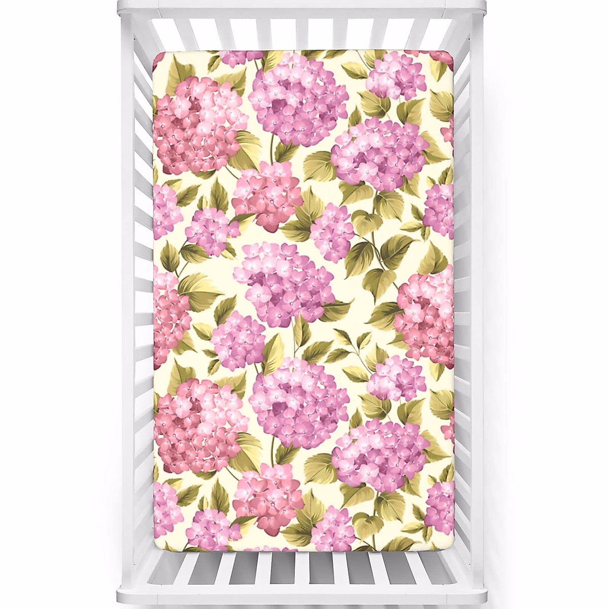 Shabby Flora Themed Fitted Mini Crib Sheets,Portable Mini Crib Sheets Soft and Breathable Bed Sheets-Great for Boy or Girl Room or Nursery,24“ x38“,Pale Green Baby Pink Cream Lilac