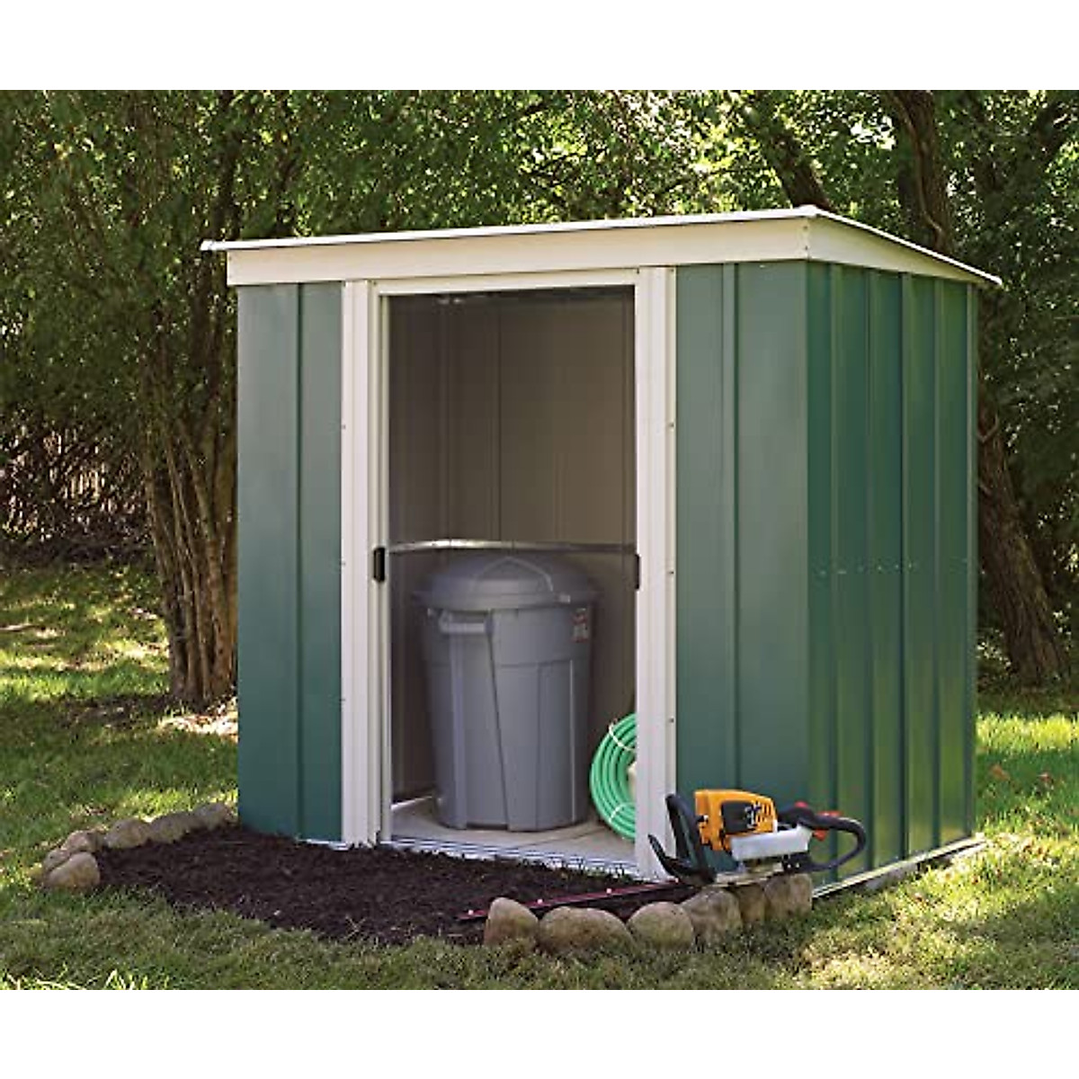 Arrow Sheds 6' x 4' Galvanized Steel Pad-Lockable Outdoor Utility Storage Shed with Pent Roof, Eggshell/Green