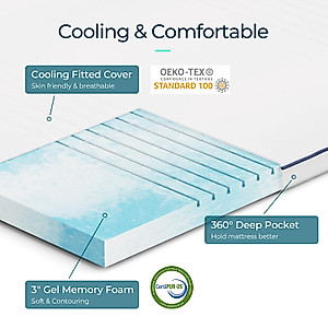 LINSY LIVING Cooling Mattress Topper Twin, 3 Inch Gel Memory Foam Mattress Topper, Cooling Fabric with 16" Deep Pocket and Side Pocket, Soft Bed Topper for Twin Size Bed, CertiPUR-US & Oeko Certified