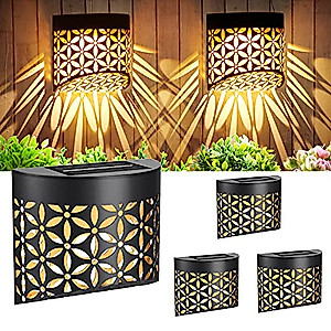 Solar Wall Lights Outdoor Hollow Out Patterns of Petals 4 Pack Solar LED Light Decorative Lamps, for Deck Step Fence Post Pathway and Garden Lighting, 2 Modes Warm White/Color Changing …
