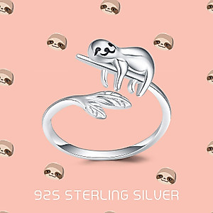 JUSTKIDSTOY Sloth Ring S925 Sterling Silver Adjustable Open Band Cute Animal Jewelry Graduation Gifts for Women for Sloth Lover