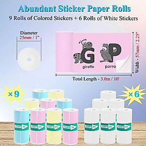 Vicbear 15 Rolls Thermal Sticker Paper for Mini Printer Sticker Maker, Including 9 Colored and 6 White Mini Printer Sticker Paper, Self-Adhesive Mini Thermal Printer Sticker Paper, 57 x 25 mm