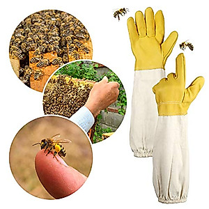 2 Pairs Beekeeping Gloves- Thick Goatskin Leather Beekeeper's Gloves with Ventilated Canvas Long Sleeves Elastic Cuffs Vented Beekeeper Protected Gloves for Beekeepers Hand Protection
