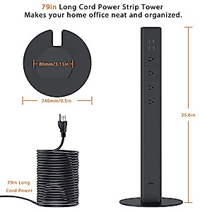 Tower Power Strip with 4 Outlets 3 USB A 1USB C Ports, 6.56ft Long Extension Cord Outlets Charging Tower, Power Strip with USB Ports Have Overload Protection Fire Proof for Libraries, cafes.