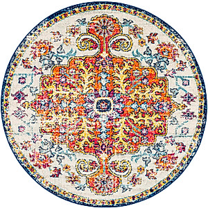 Mark&Day Area Rugs, 4ft Round Olivia Traditional Saffron/Navy Area Rug, Blue Off-White Orange Carpet for Living Room, Bedroom or Kitchen (4' Round)