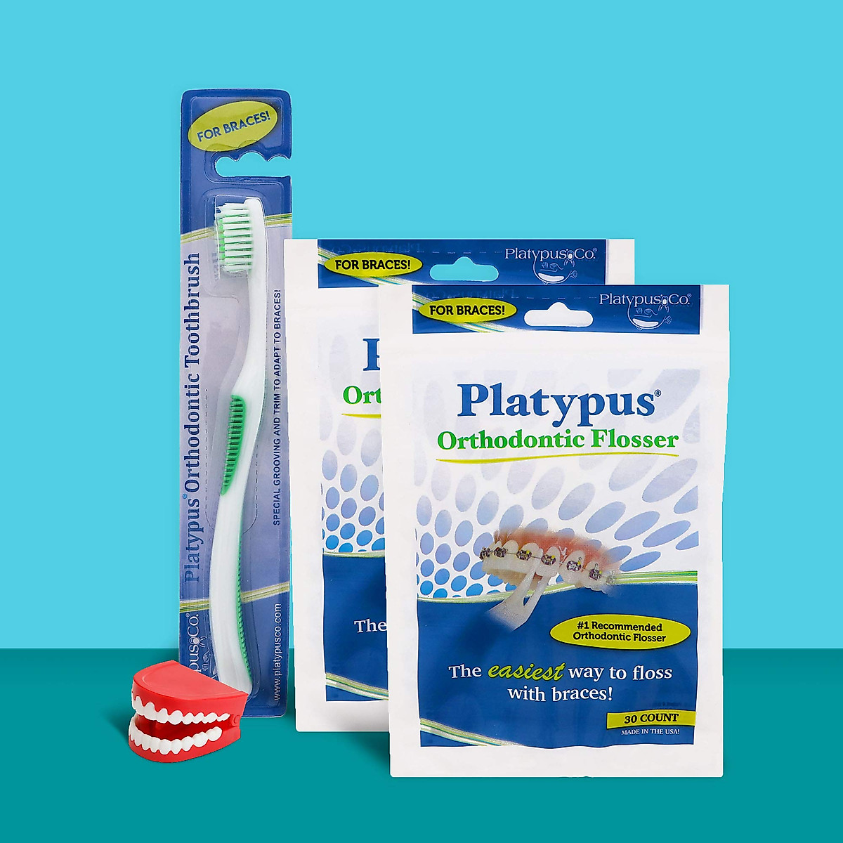 Platypus Orthodontic Flossers - Dental Floss Picks for Braces and Orthodontic Toothbrush Bundle - 2 Packs Ortho Flossers and 1 Ortho Toothbrush